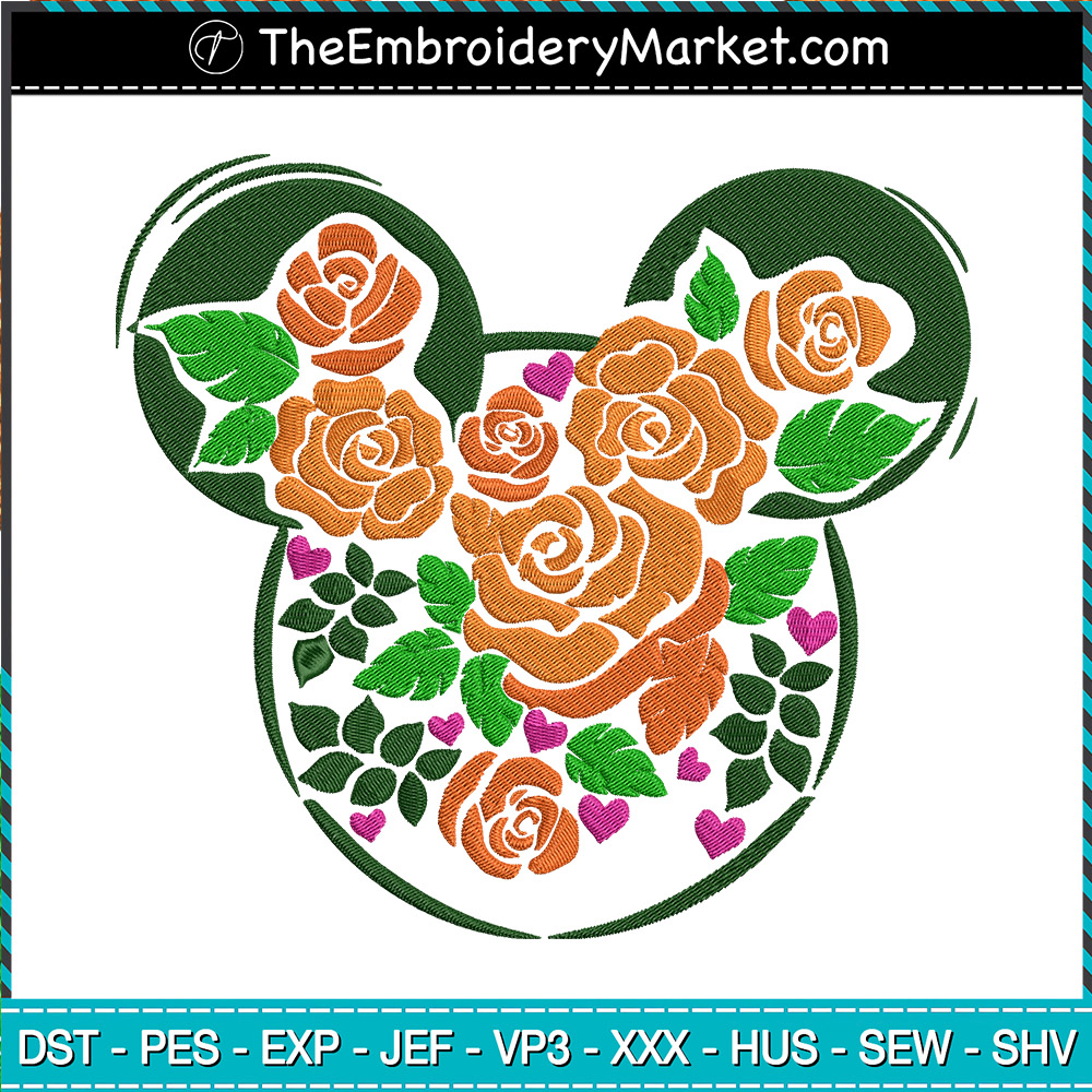 Mickey Head Flower Embroidery Designs File, Disney Mickey Machine ...