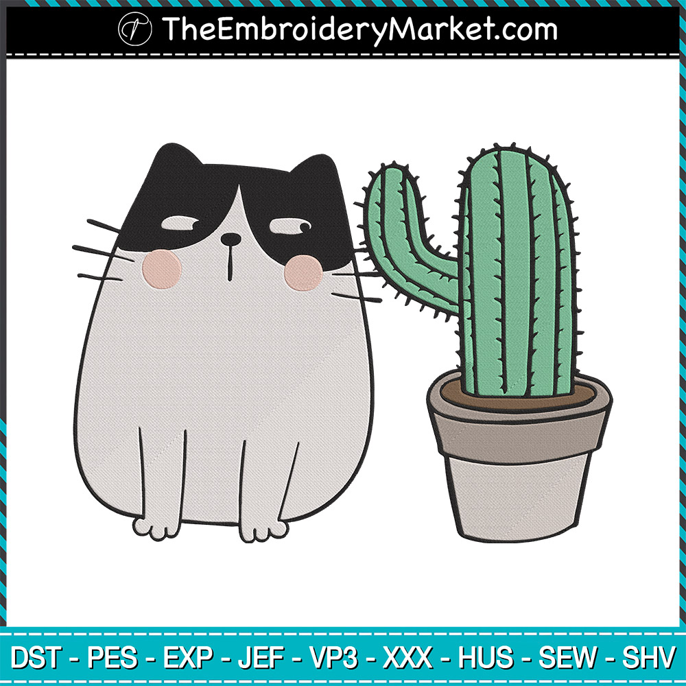 Cats and Cactus Floral Embroidery Designs File, Cute Cat Male Machine ...