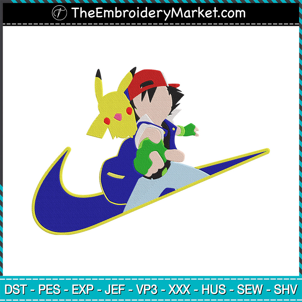 Nike With Pikachu And Satoshi Embroidery Designs File, Pokemon Machine ...