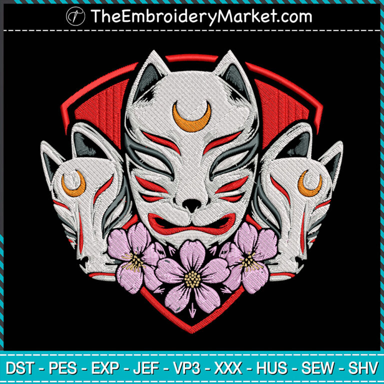 Kitsune Mask Embroidery Designs File, Kukan Kitsune Machine Embroidery ...
